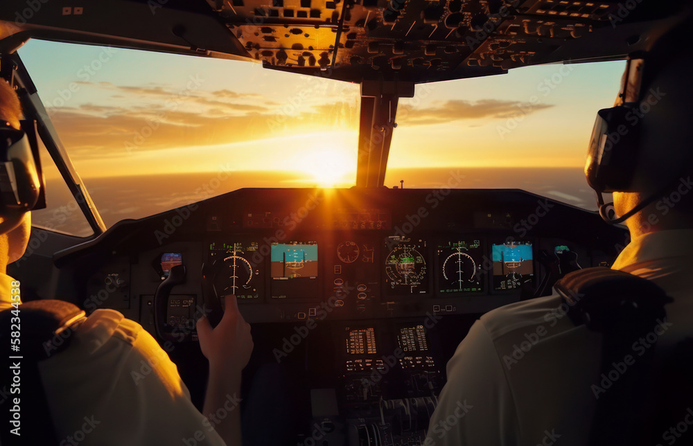Cockpit view of modern airplane in flight during the sunset. Aircraft pilot at work. Generative ...