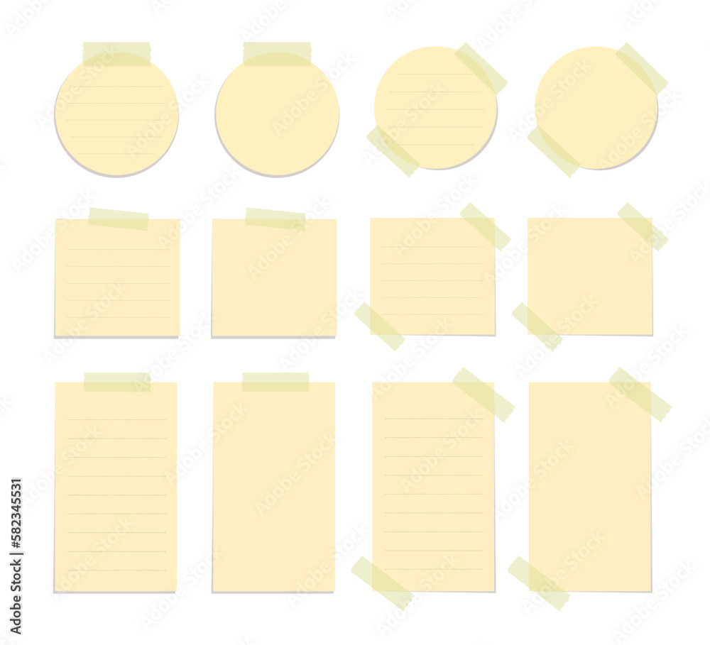 Yellow sticky note illustration set. Taped office memo paper template ...