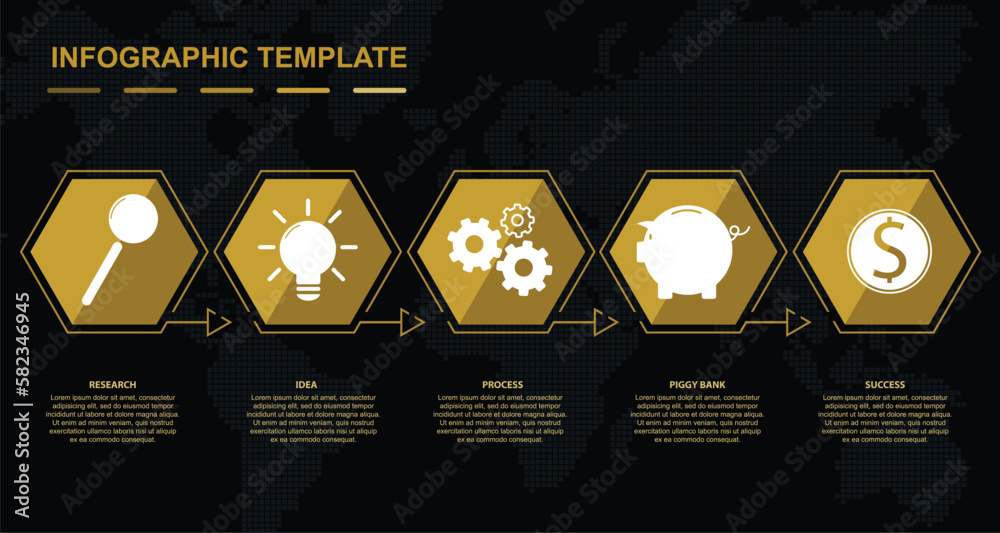 golden infographic template with five titles, Diagram with steps ...