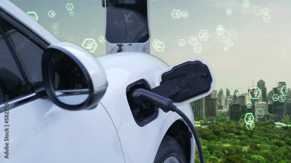 Progressive green city ESG symbol background with electric vehicle, EV ...