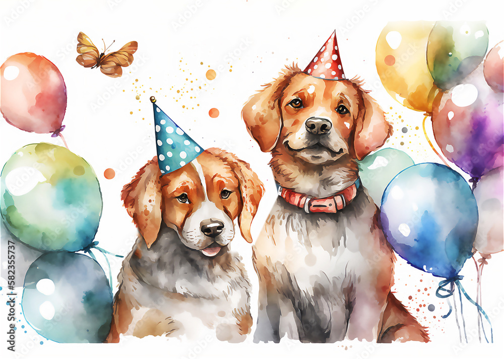 Happy birthday dog, holiday concept, Celebration banner with balloons ...