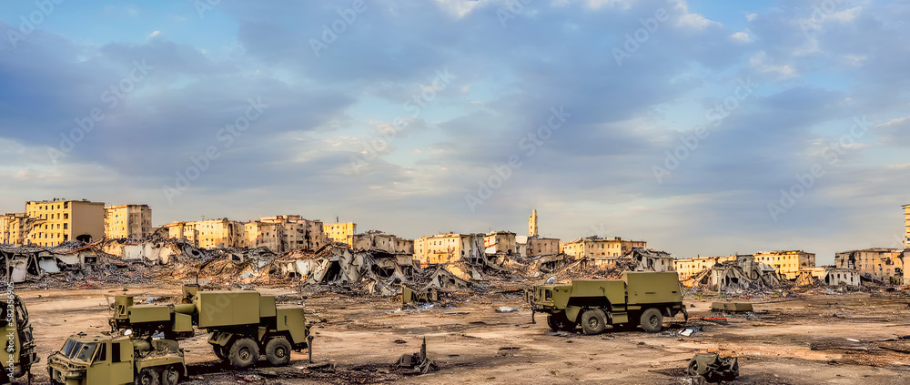 Broken military equipment stands near the ruins of destroyed and ...