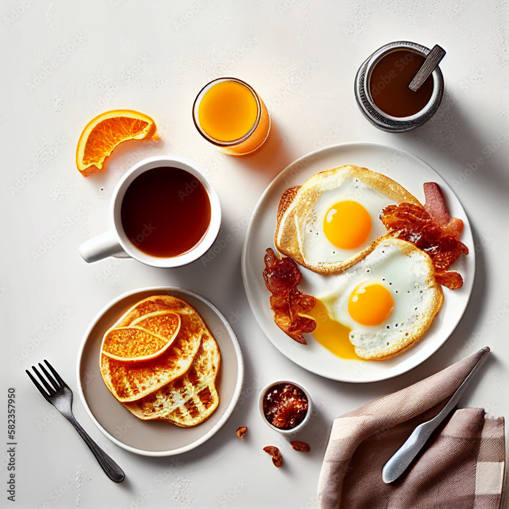 American Breakfast on white, top view, copy space. Sunnyside fried eggs ...