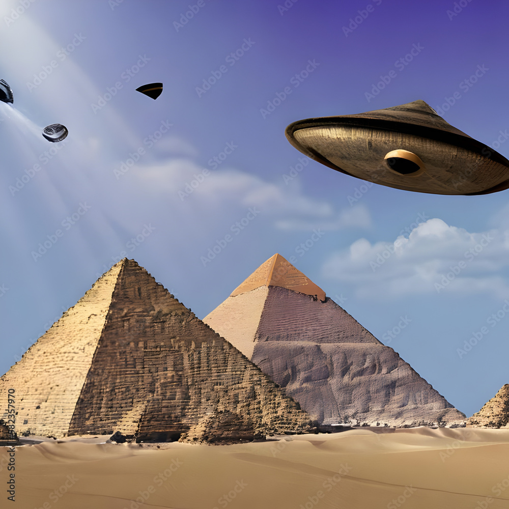 Flying Saucer Hovering Over Pyramids - 3D Render Digital Art Created ...