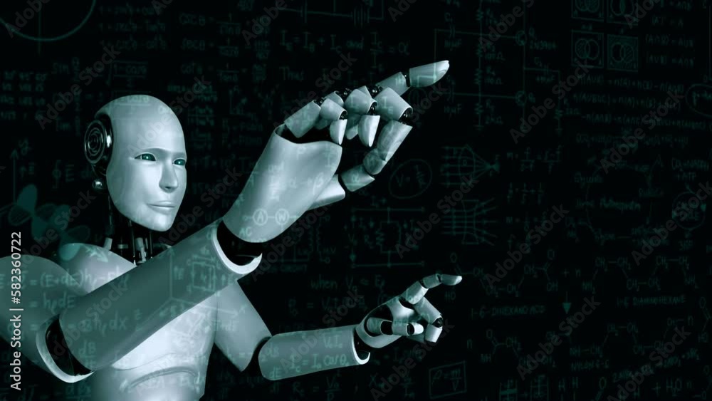 AI hominoid robot touch screen of mathematics formula and science ...