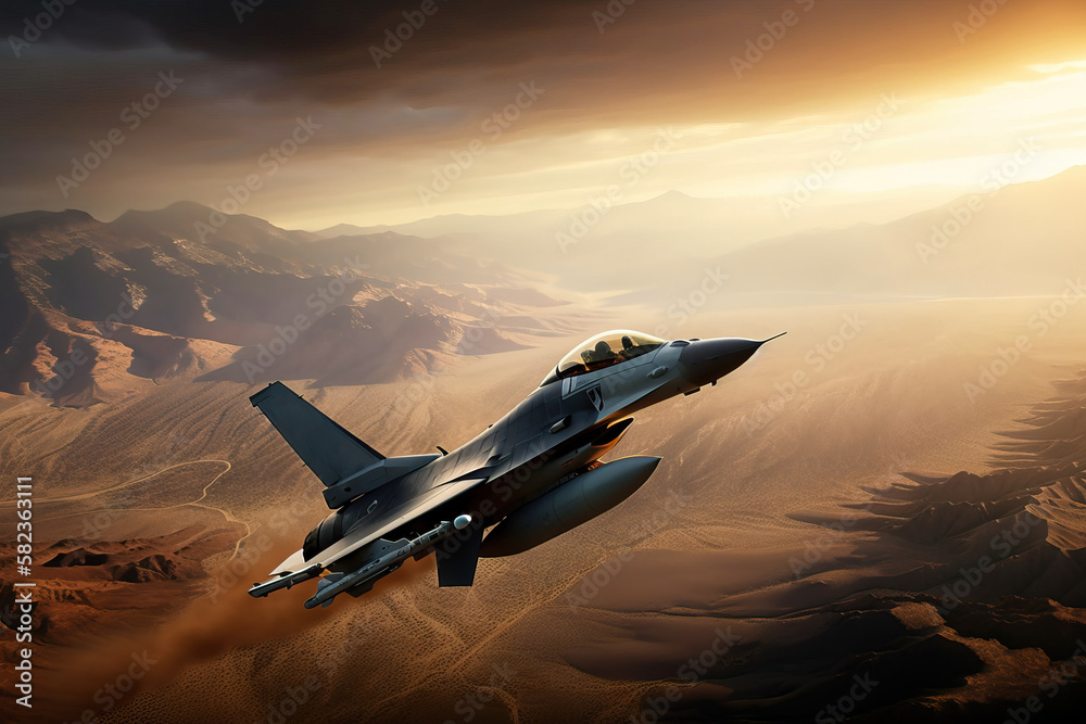 F-16 Falcon fighter jet flying over the desert mountain landscape Stock ...