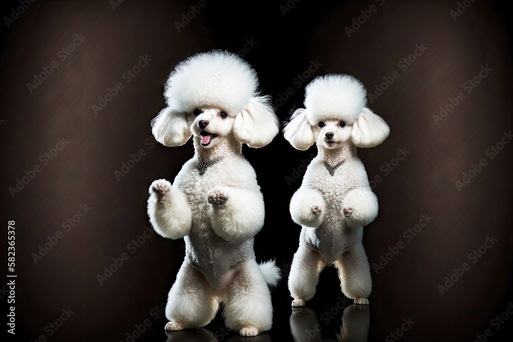 smiling white little poodles on his hind legs on dark background ...
