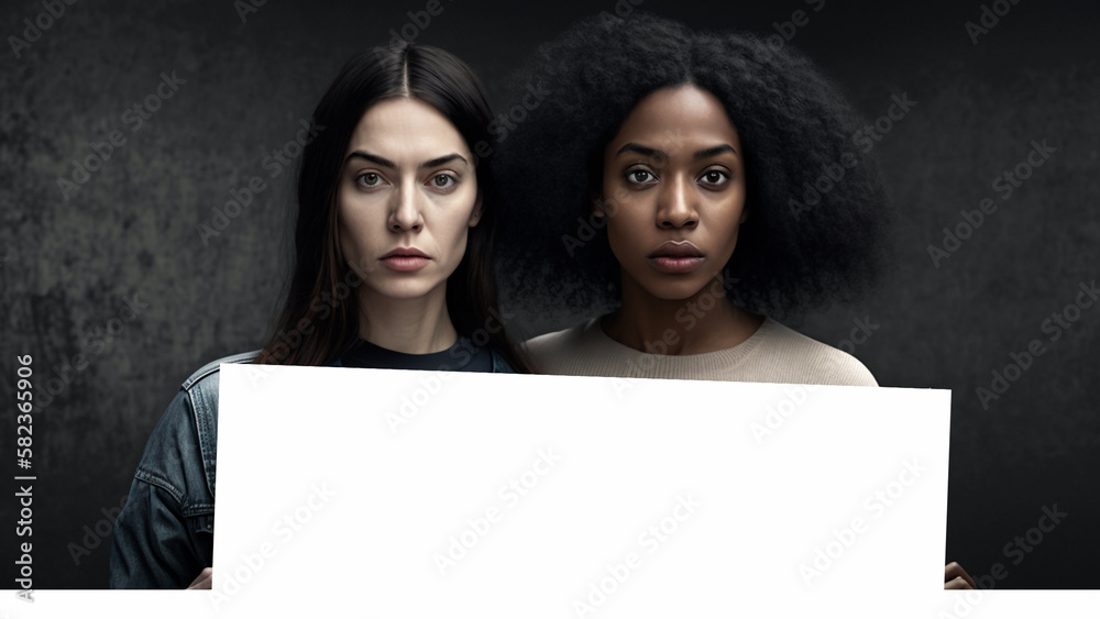 Two young and independent women of different races holding a large ...