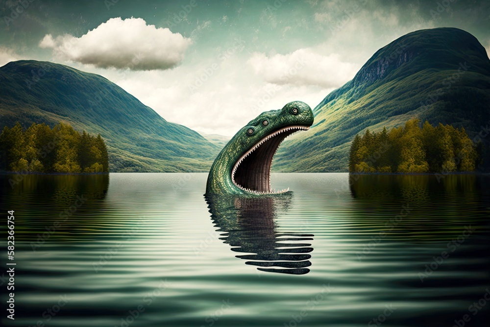 loch ness monster floating on lake against backdrop of hills, created with generative ai Stock ...