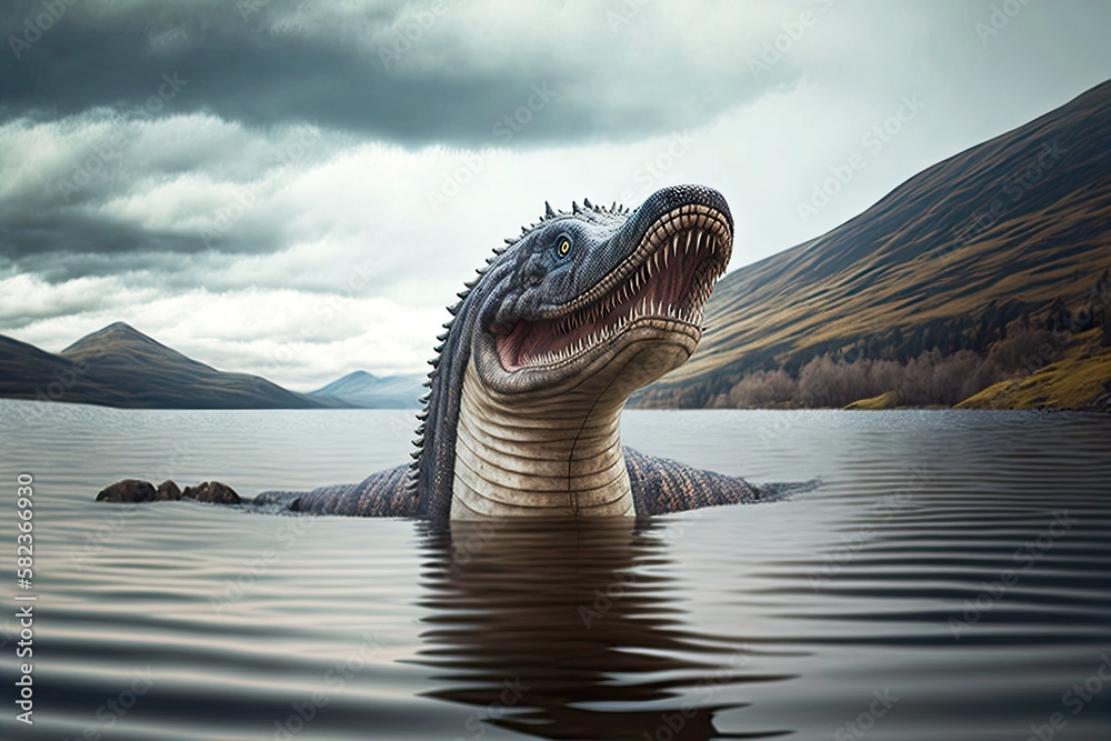 mythical creature of reptile loch ness monster in lake of scotland, created with generative ai ...