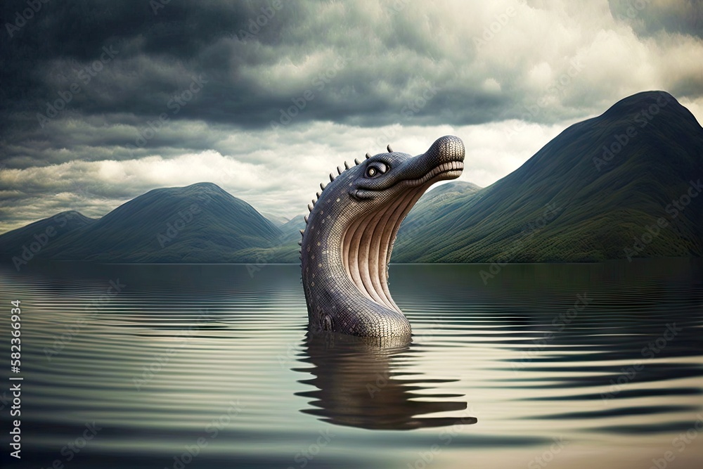 mythical creature of reptile loch ness monster in lake of scotland, created with generative ai ...