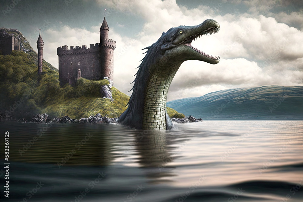 mythical loch ness monster emerging from water against background of ...
