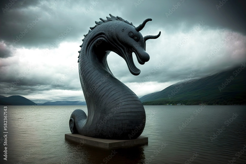 statue of mythical creature loch ness monster by lake, created with generative ai Stock ...