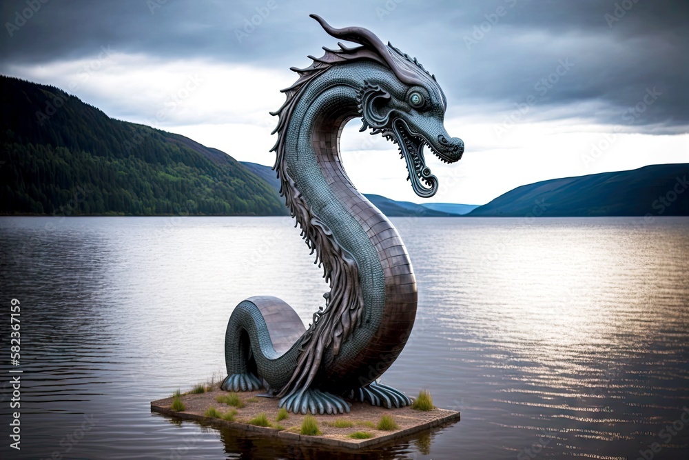 statue of mythical creature loch ness monster by lake, created with ...