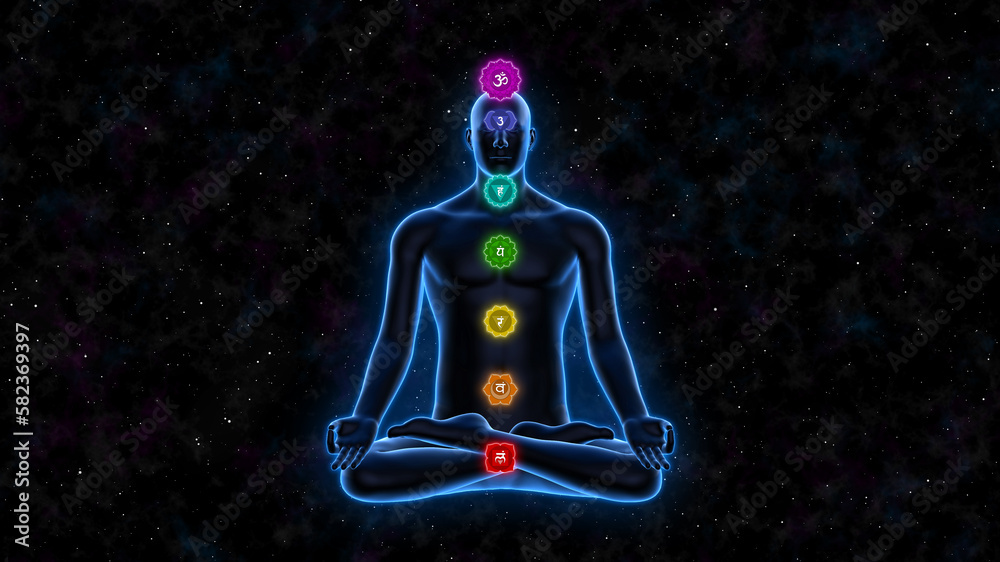 Digital human Meditating in lotus pose. Seven Yoga chakras of human ...