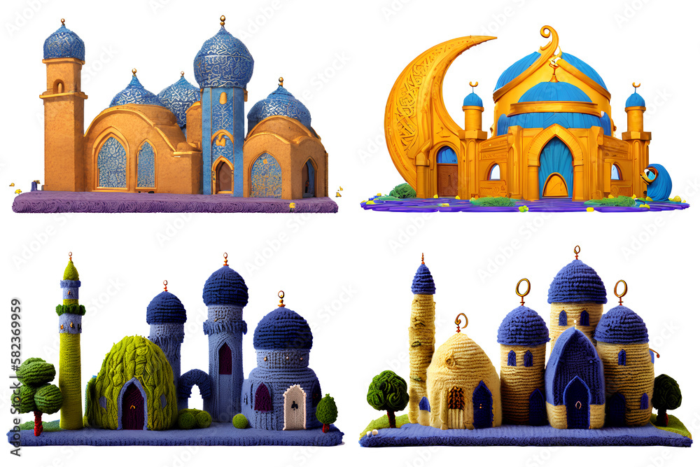 collection of illustrations of mosque objects on isolated white ...