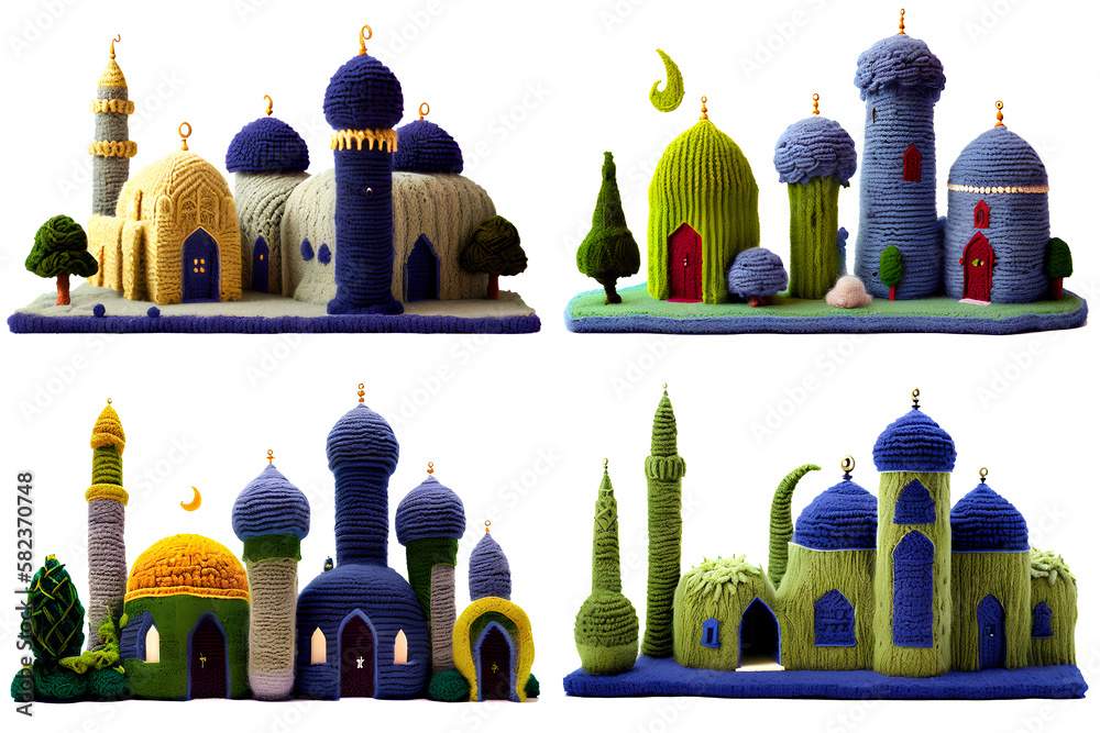 collection of illustrations of mosque objects on isolated white ...