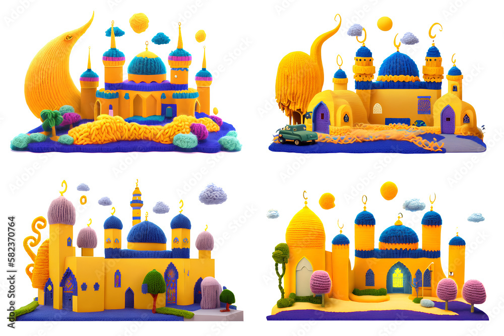 collection of illustrations of mosque objects on isolated white ...