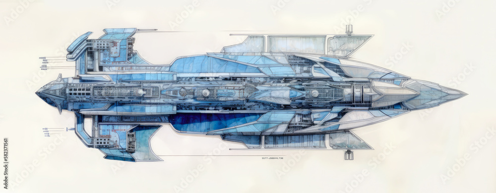 Science fiction spaceship or starship, ink plan drawing. Top view. sci ...