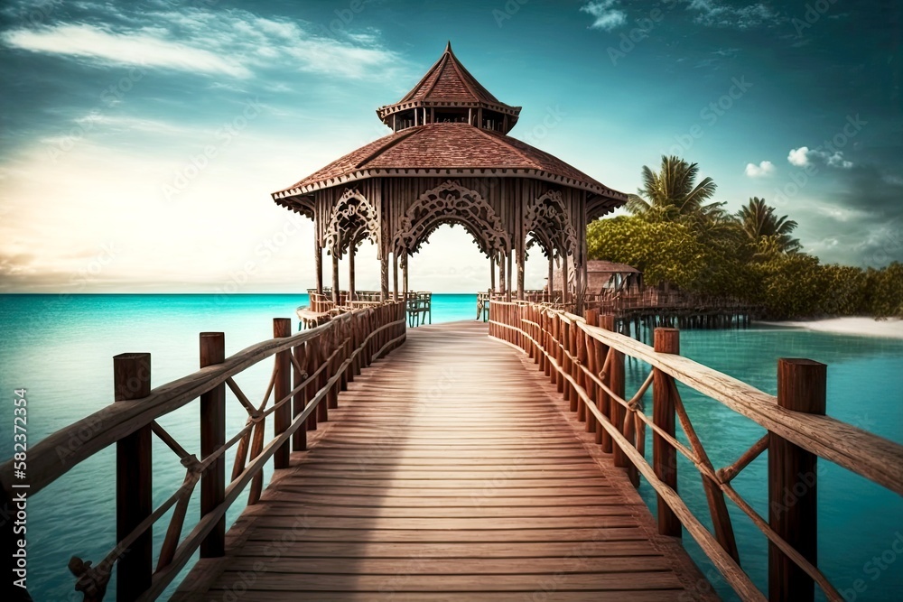 wooden walkways built on water reaching to wooden gazebo on maldives ...