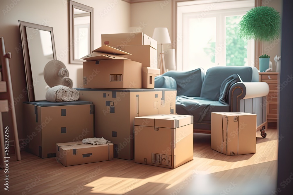 Moving day: boxes in modern house. Photo generative AI Stock ...