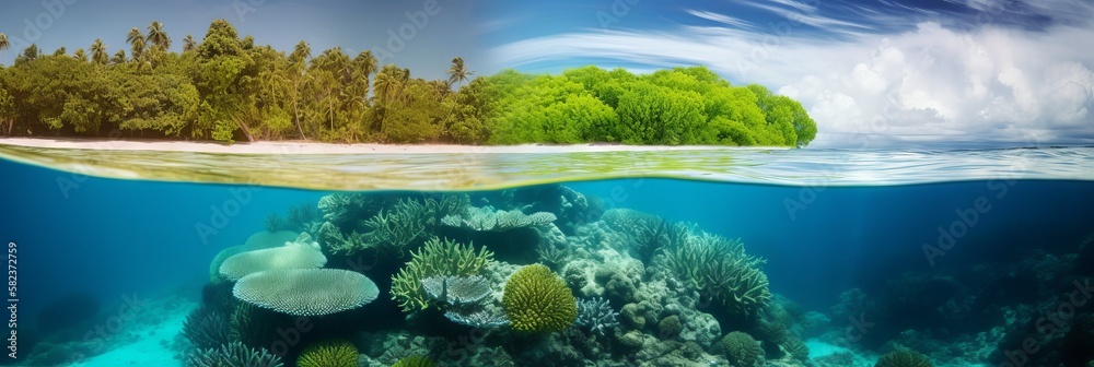 Land Meets Sea: A Breathtaking Split View of a Tropical Island and Its ...