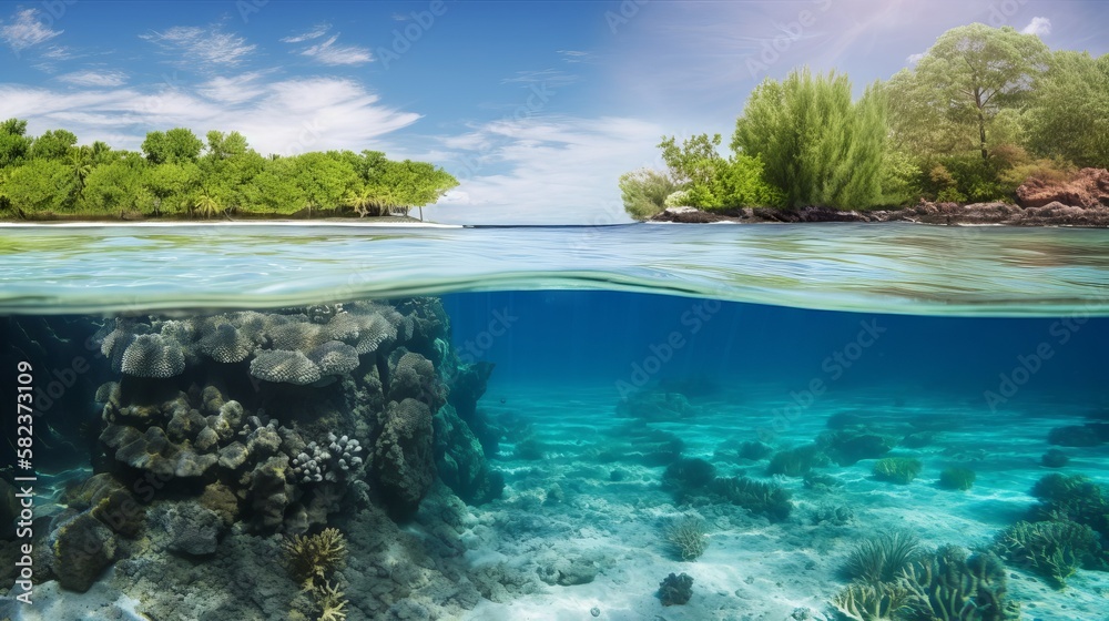 Land Meets Sea: A Breathtaking Split View of a Tropical Island and Its ...