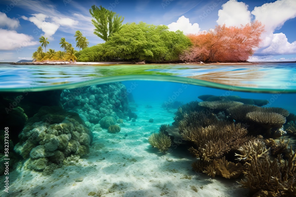 Land Meets Sea: A Breathtaking Split View of a Tropical Island and Its ...