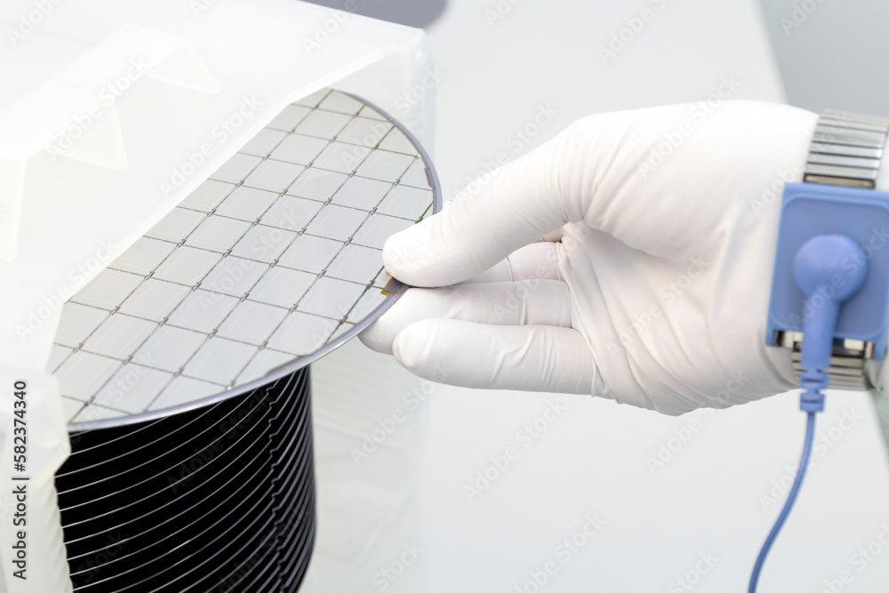 Gloved Hand Holding a Silicon Wafer in plastic holder box used in ...