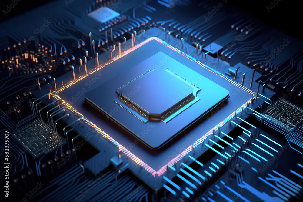 3D illustration of cyberpunk AI. Circuit board. Technology background ...