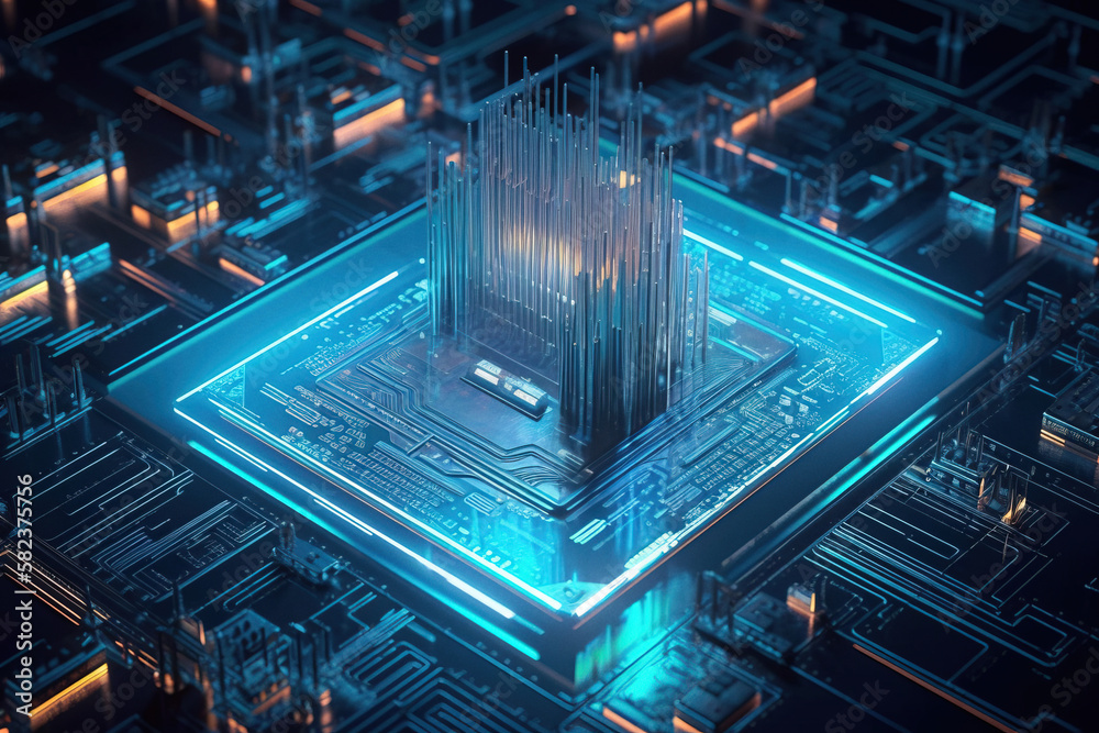 3D illustration of cyberpunk AI. Circuit board. Technology background ...
