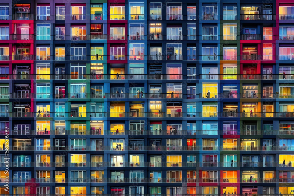 Colourful skyscraper with a lot of windows and people inside. Vibrant ...