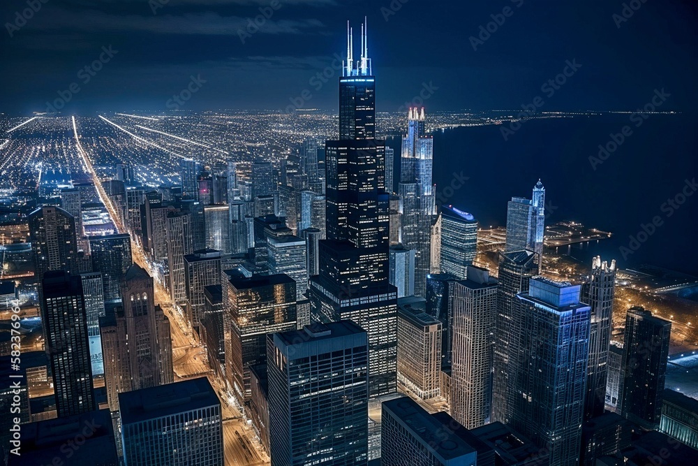 Chicago's Iconic Skyline at Night: Magnificent Skyscrapers and Vibrant ...