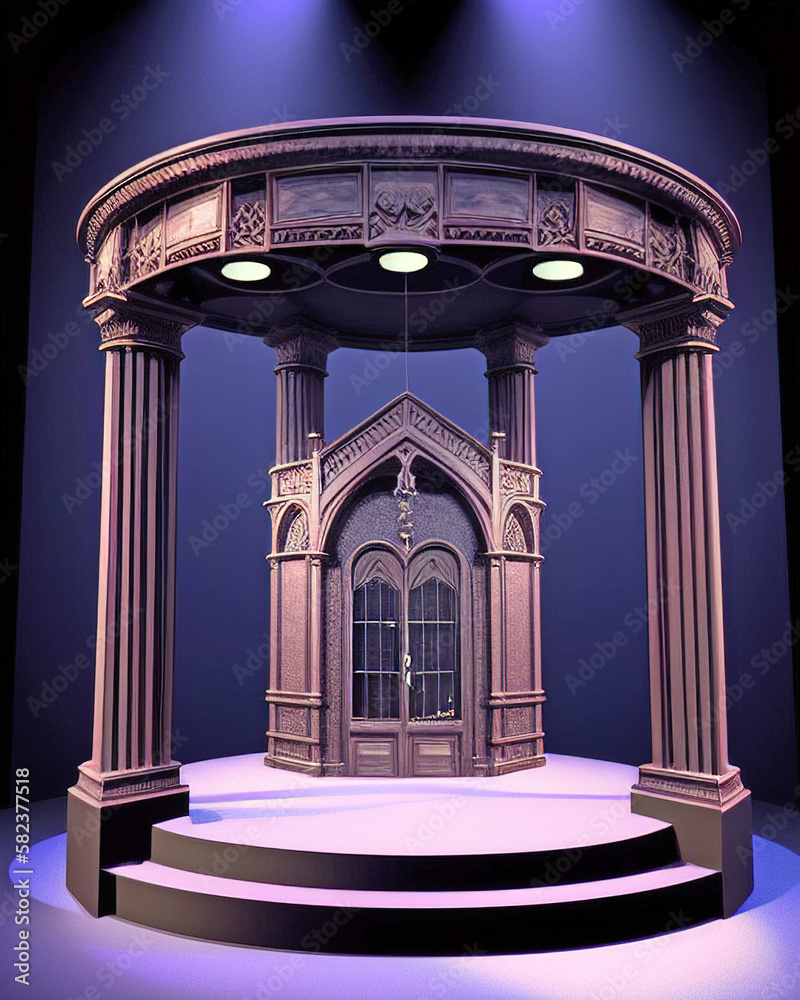 ภาพประกอบสต็อก A round stage illuminated by spotlights in a gothic ...