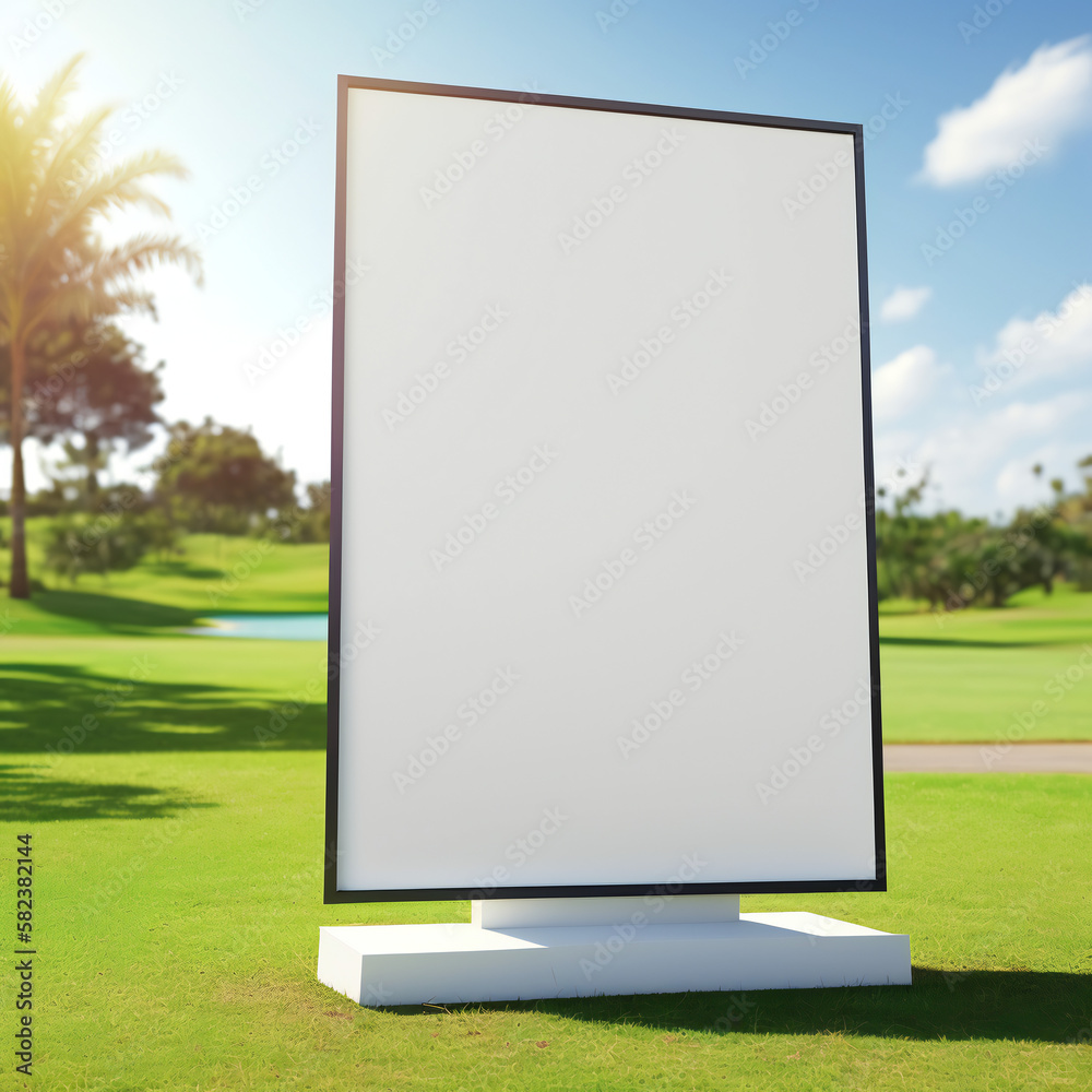 blank white poster sign billboard mockup on golf course, tropical ...