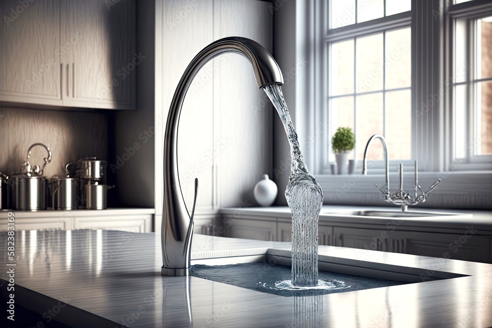water flows from high kitchen tap to countertop, created with ...