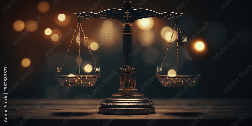 law and justice conceptual, antique beam scale with bokeh light, shine ...