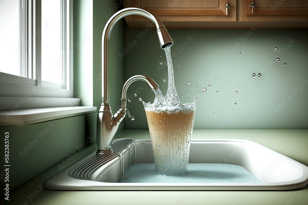 water flows from tap and forms large high splash in kitchen sink ...
