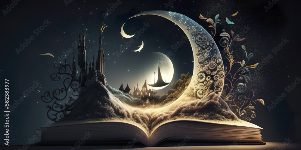 crescent moon while reading book ,fantasy dreamy fairytale illustration ...