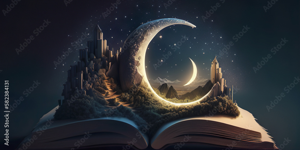 crescent moon while reading book ,fantasy dreamy fairytale illustration ...