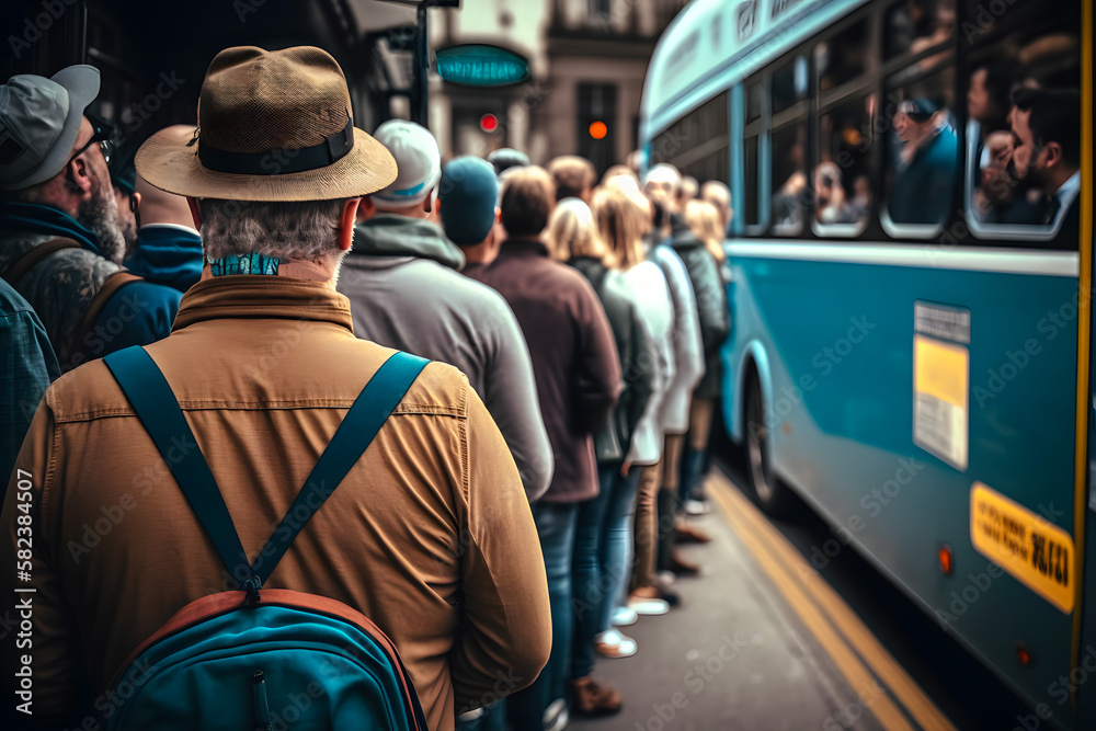 Crowd of people queuing to board the bus, bus stop in the city. Generative AI Stock Illustration ...