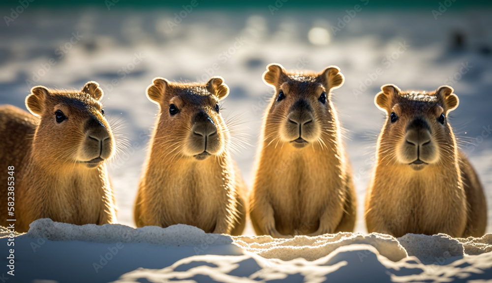 Group of cute capybaras at the zoo. Biggest rodent in the world. Ai ...