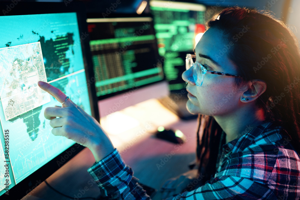 Woman, computer screen and hacker with software, data programming or cybersecurity. Developer ...