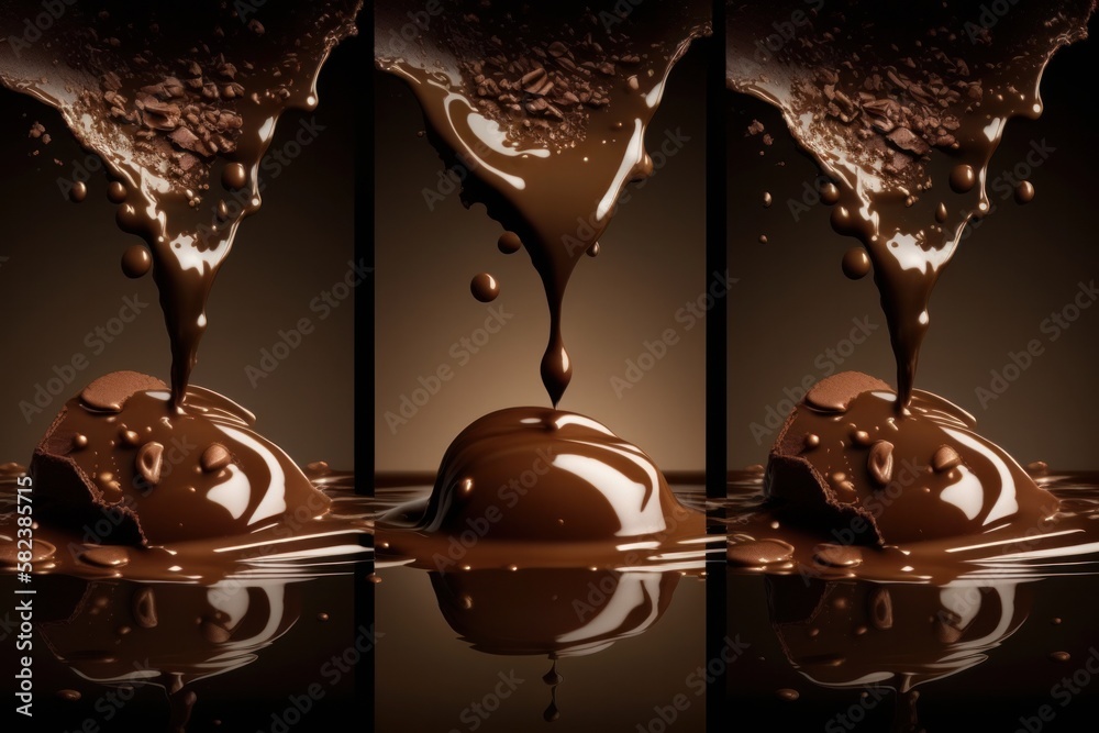 Three different types of chocolates dropping into liquid, a splash of ...