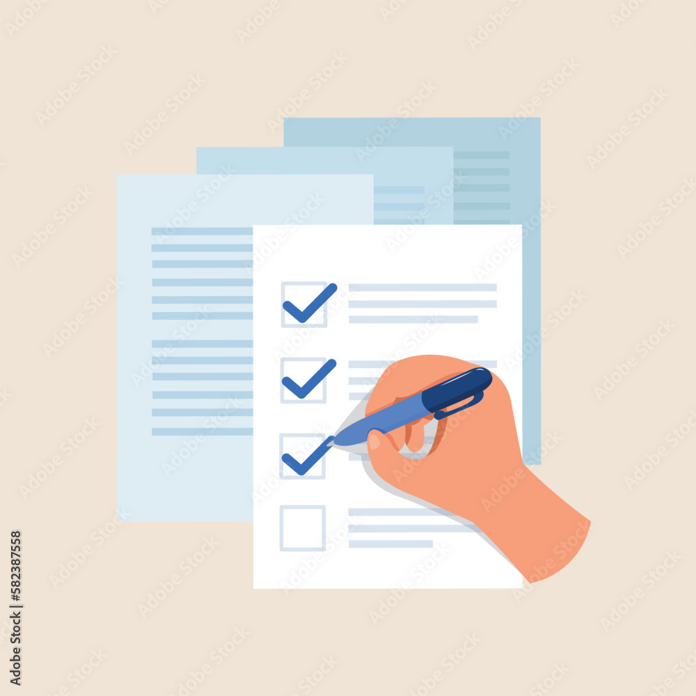 Hand holding a pen and check list on document, survey, questionnaire ...