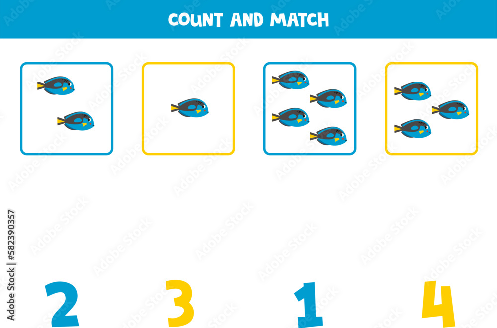 Counting game for kids. Count all blue tang fish and match with numbers ...