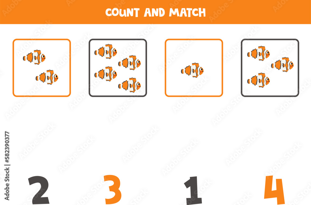 Counting game for kids. Count all clownfish and match with numbers ...