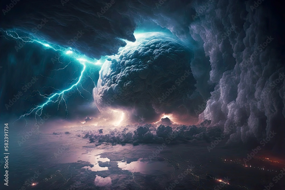 thunderstorm with lightnings above planet surface, created with ...
