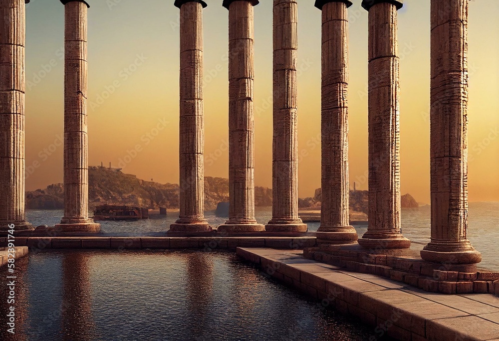 Recreation of ancient Greece with monumental pillars, columns in the ...