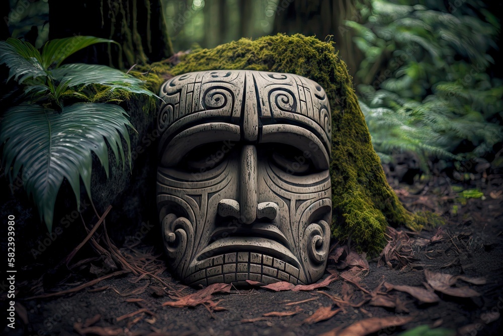 stone head of disgruntled god tiki mask lying on ground in forest ...